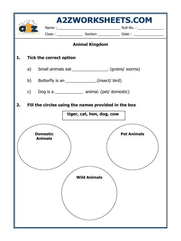 A2Zworksheets:Worksheet of Animal Kingdom-Animals-Science