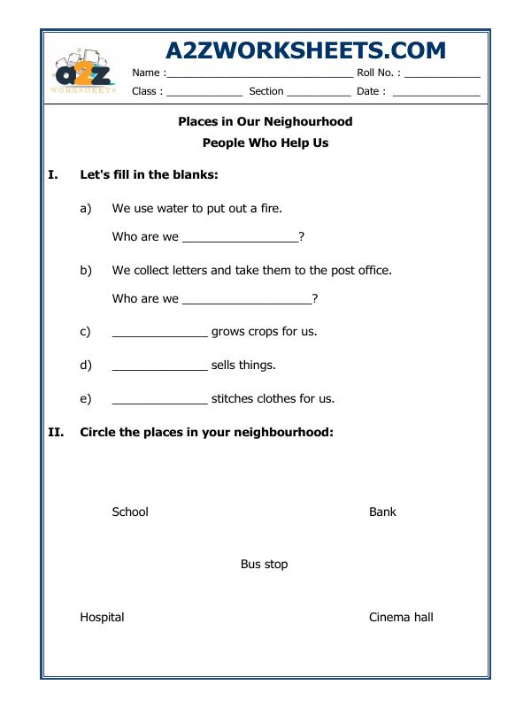 A2Zworksheets:Worksheet of Places In Our Neighbourhood And People Who ...