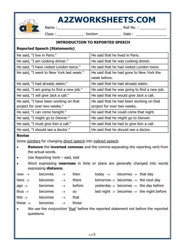 A2Zworksheets:Worksheet of Introduction To Reported Speech-Grammar-English