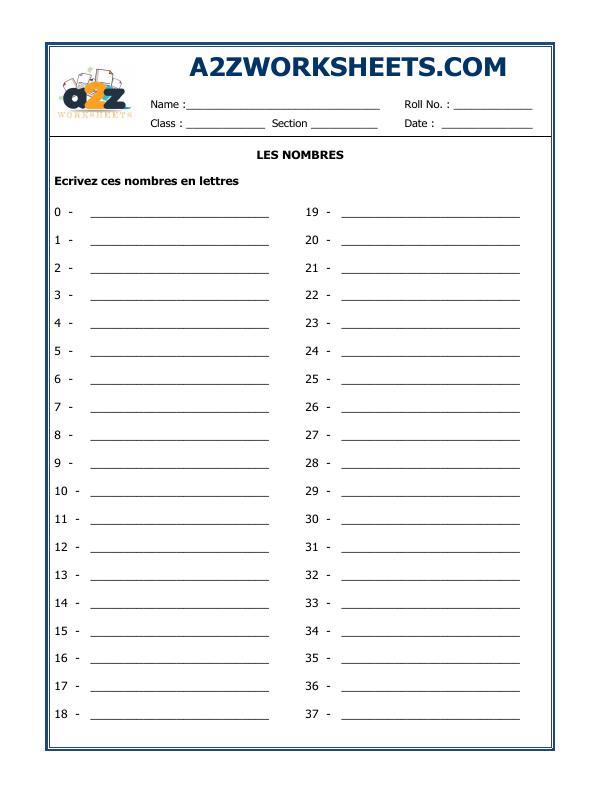 A2Zworksheets:Worksheet of French Worksheet - Les Nombres-French-Language