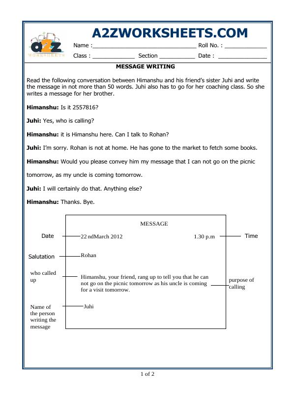 A2Zworksheets:Worksheet of Message Writing-Writing-English