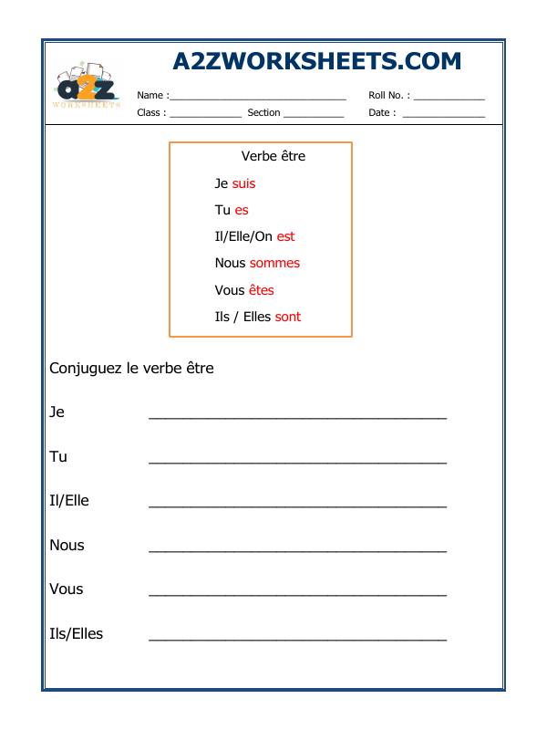 A2Zworksheets:Worksheet of French Worksheet - Verbe Être-French-Language