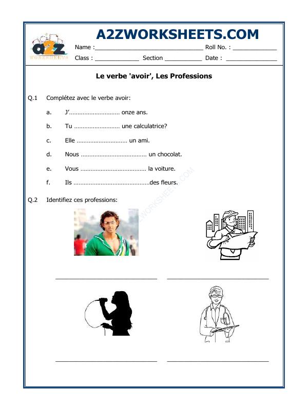A2Zworksheets:Worksheet of French Worksheet - Le Verbe 'Avoir', Les ...