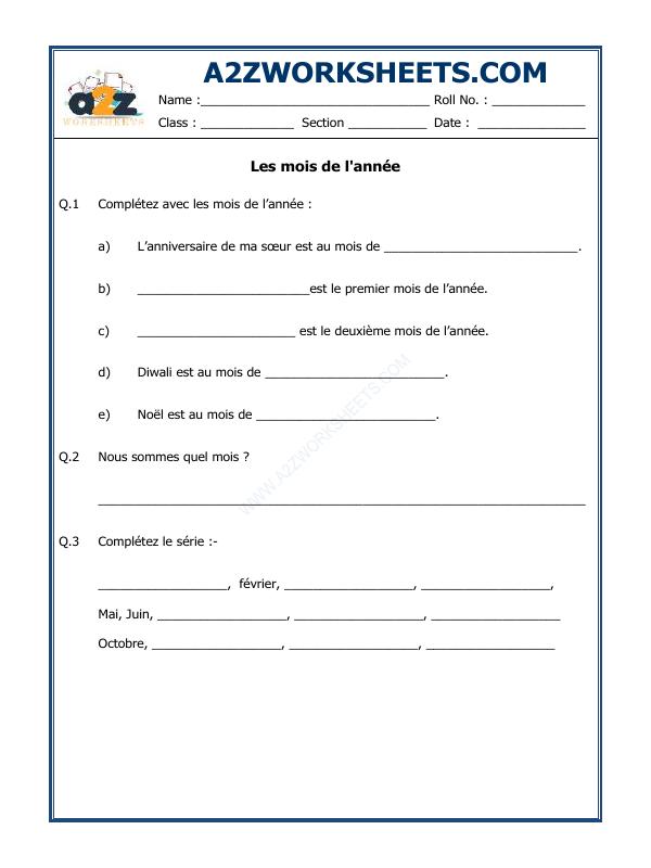 A2Zworksheets:Worksheet of French Worksheet - Les Mois De L'Année ...