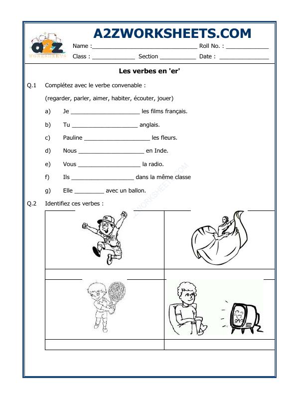 A2Zworksheets:Worksheet of French Worksheet - Les Verbes En 'Er'-French ...