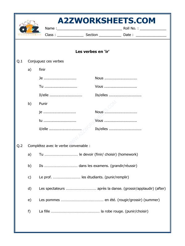 A2Zworksheets:Worksheet of French Worksheet - Les Verbes En 'Ir'-French ...