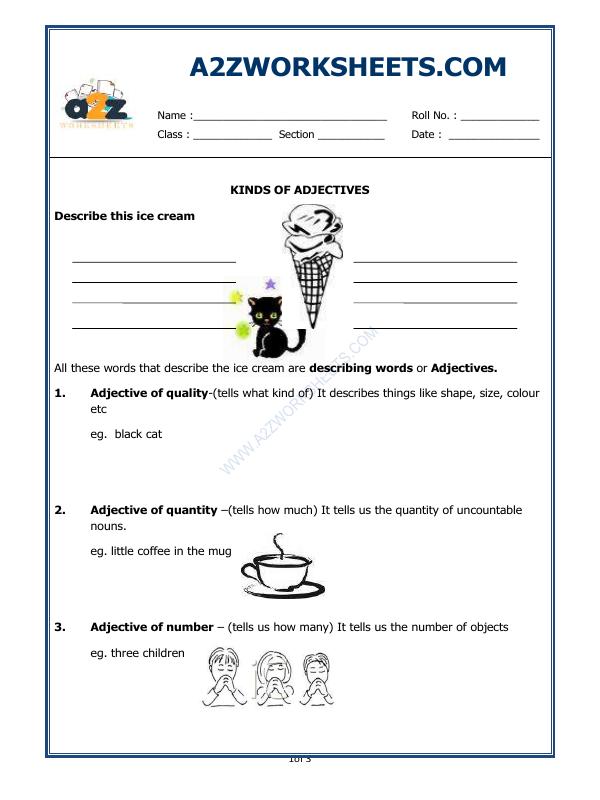 A2Zworksheets:Worksheet of Kinds Of Adjectives-Grammar-English