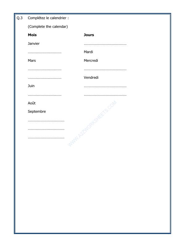 A2Zworksheets:Worksheet of French Worksheet - Les Jours De La Semaine ...