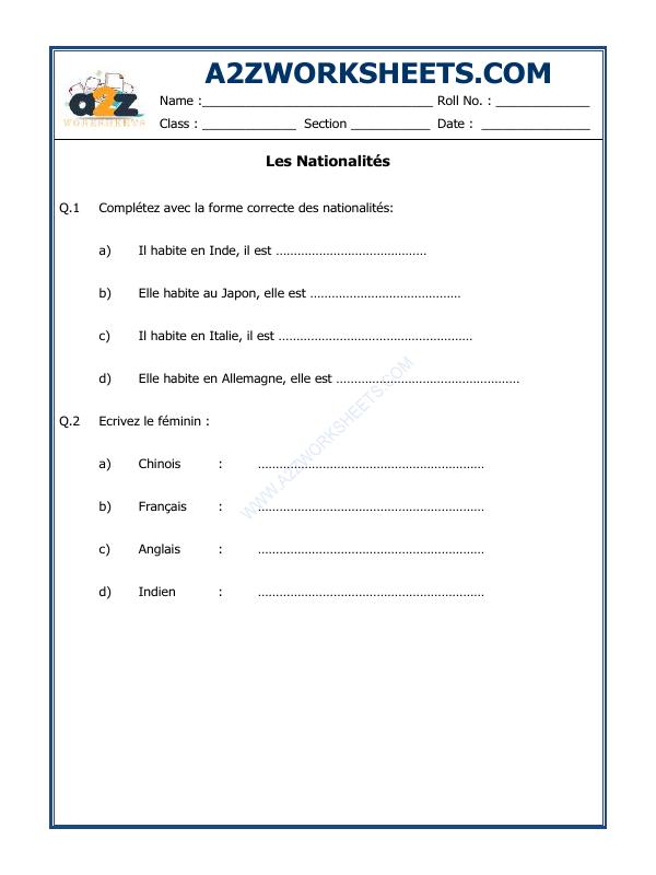 A2Zworksheets:Worksheet of French Worksheet - Les Nationalités-French ...