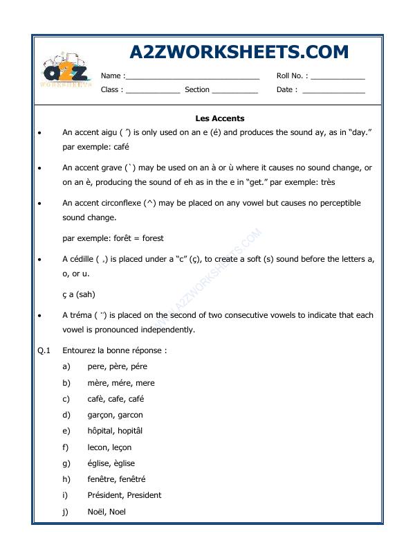 A2Zworksheets:Worksheet of French Worksheet - Les Accents-French-Language