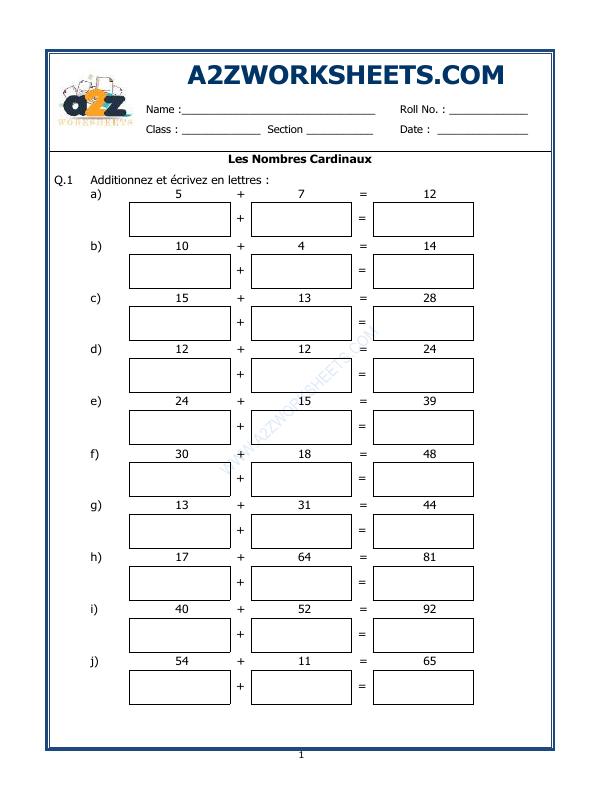 A2Zworksheets:Worksheet of French Worksheet - Les Nombres Cardinaux ...