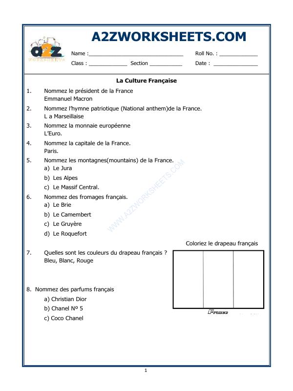 A2Zworksheets:Worksheet of French Worksheet - La Culture Française ...