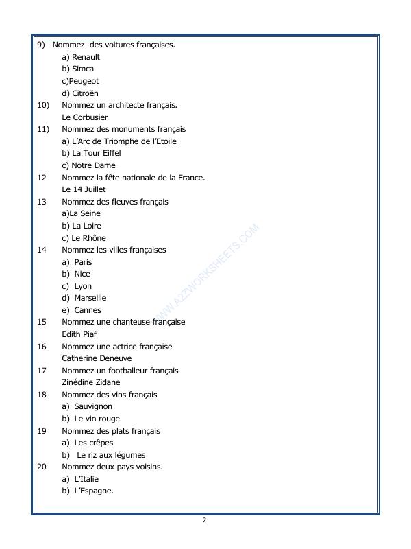 A2Zworksheets:Worksheet of French Worksheet - La Culture Française ...