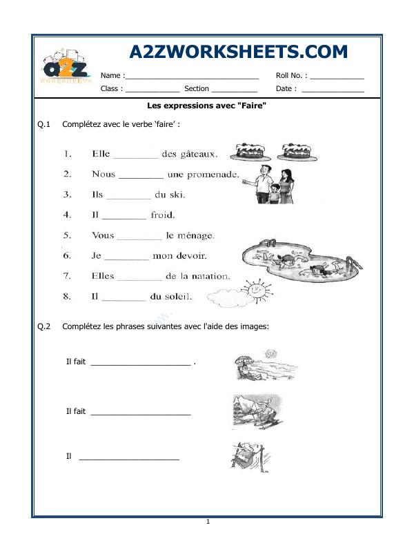 A2Zworksheets:Worksheet of French Worksheet - Les Expressions Avec ...
