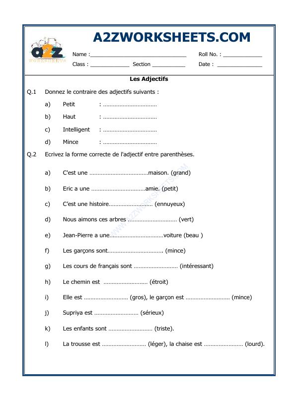 A2Zworksheets:Worksheet of French Worksheet - Les Adjectifs-French-Language
