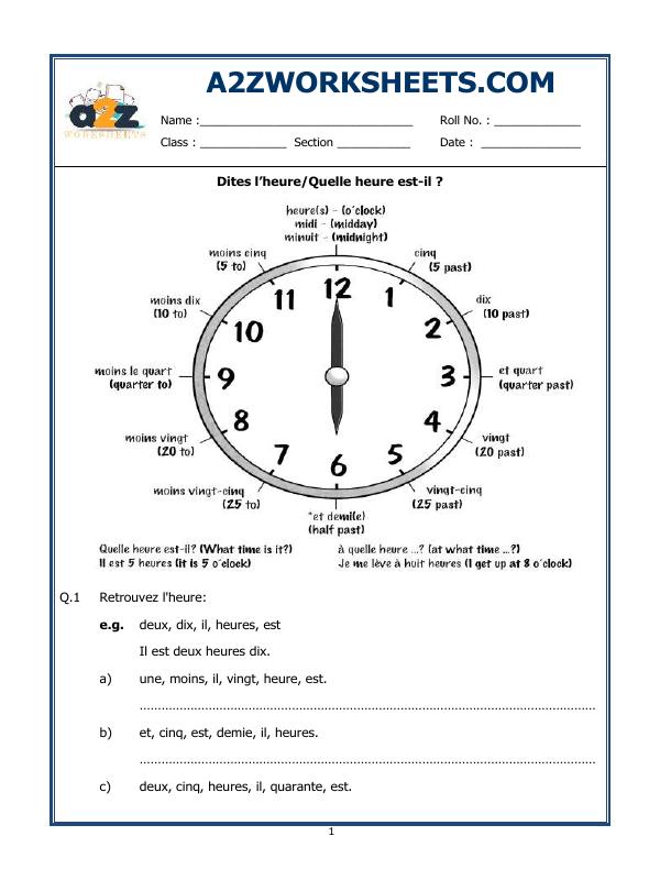 A2Zworksheets:Worksheet of French Worksheet - Dites L’Heure-Quelle ...