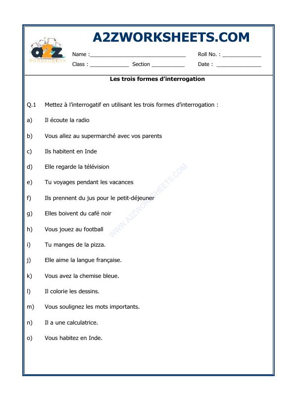 A2Zworksheets:Worksheet of French Worksheet - Les Trois Formes D ...
