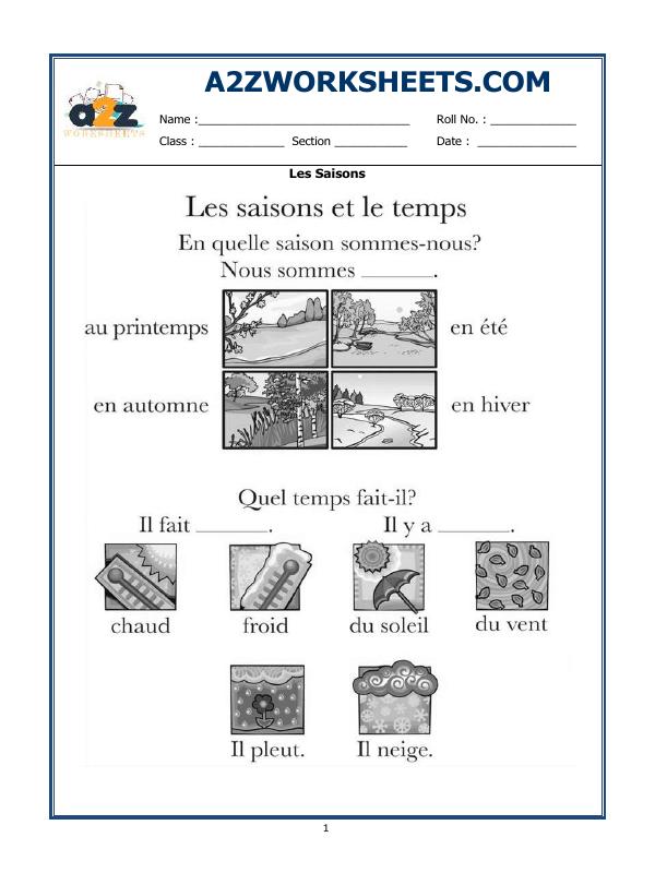 A2Zworksheets:Worksheet of French Worksheet - Les Saisons-French-Language