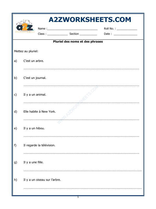 A2Zworksheets:Worksheet of French Worksheet - Pluriel Des Noms Et Des ...