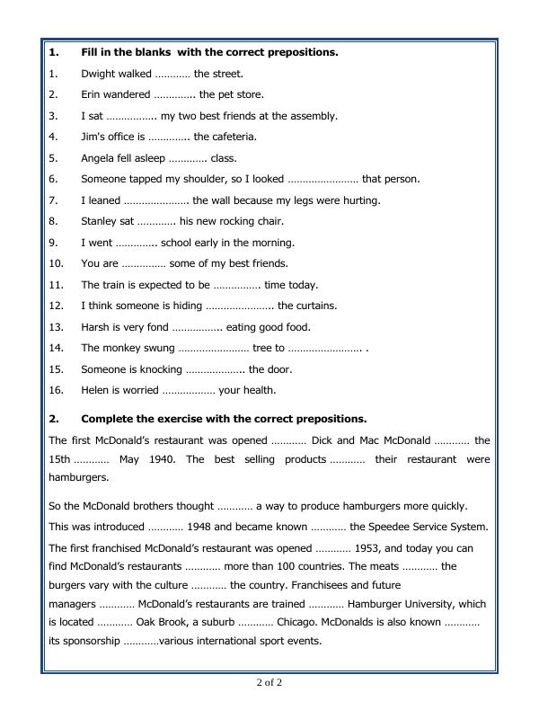 A2Zworksheets:Worksheet of Prepositions-Grammar-English