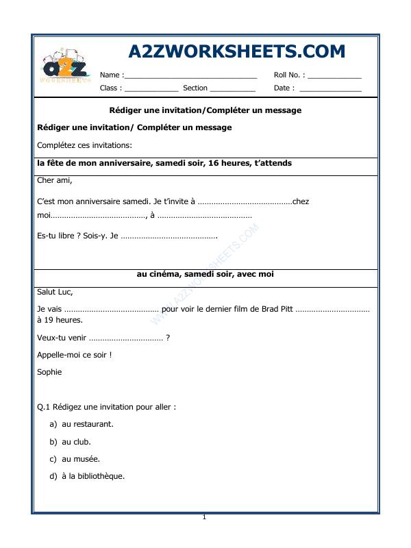 A2Zworksheets:Worksheet of French Worksheet - Rédiger Une Invitation ...