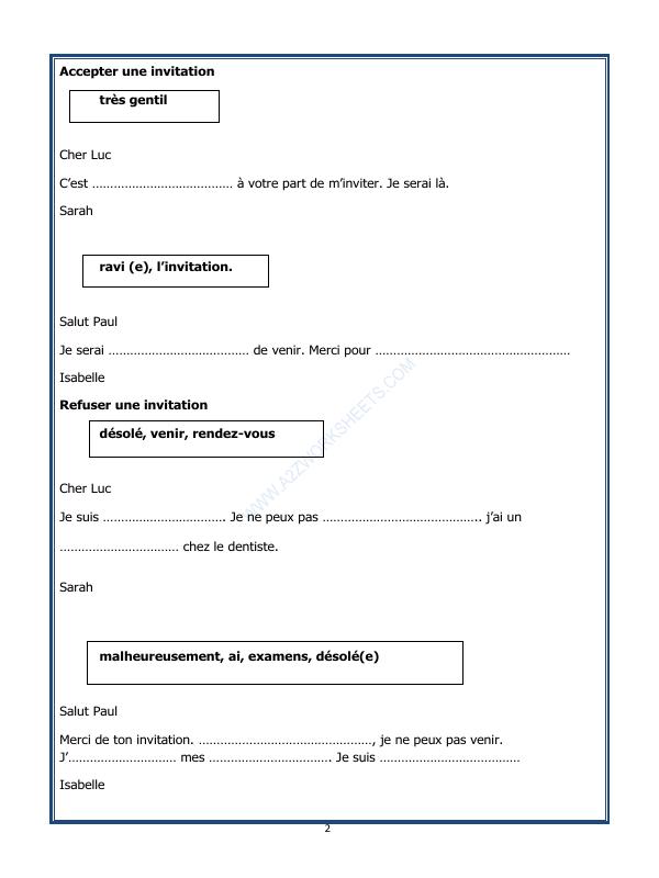 A2Zworksheets:Worksheet of French Worksheet - Rédiger Une Invitation ...