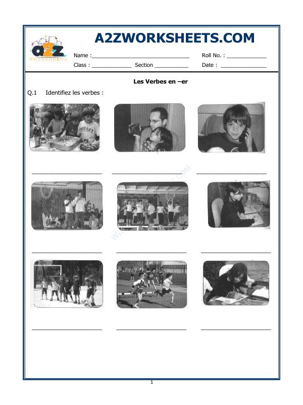 A2Zworksheets:Worksheet of French Worksheet - Les Verbes En –Er-French ...
