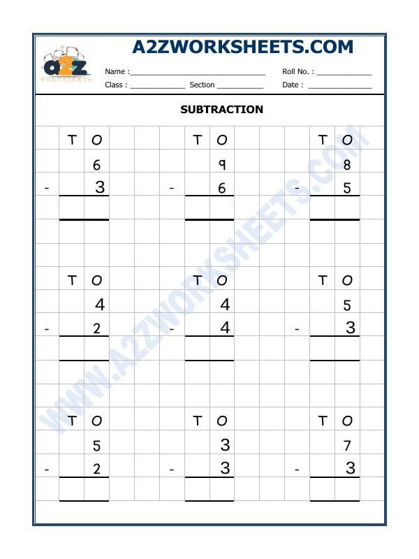 A2Zworksheets:Worksheet of Subtraction Worksheet - 01-Subtraction-Maths