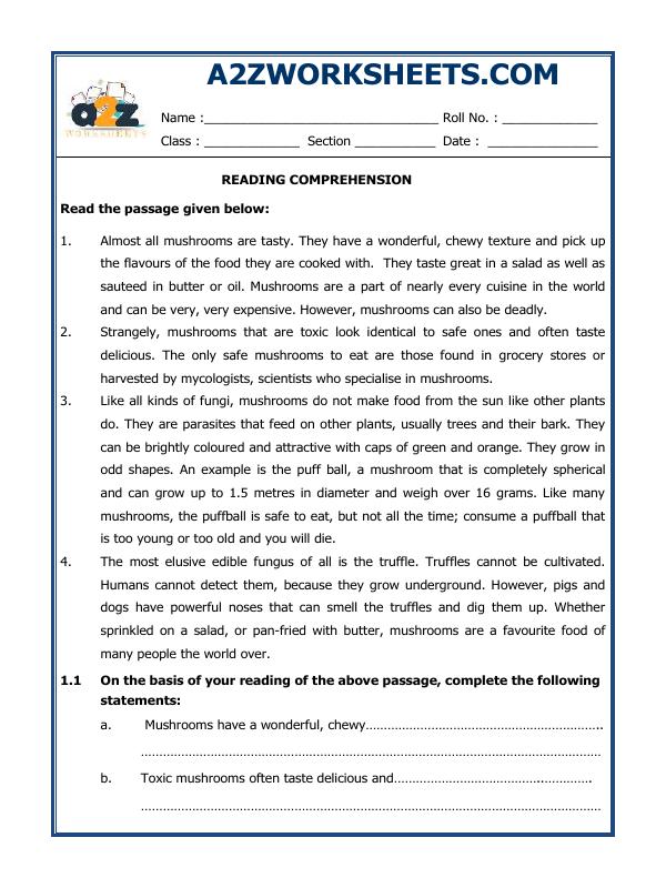 A2Zworksheets:Worksheet of Comprehension Passage-01-Reading-English
