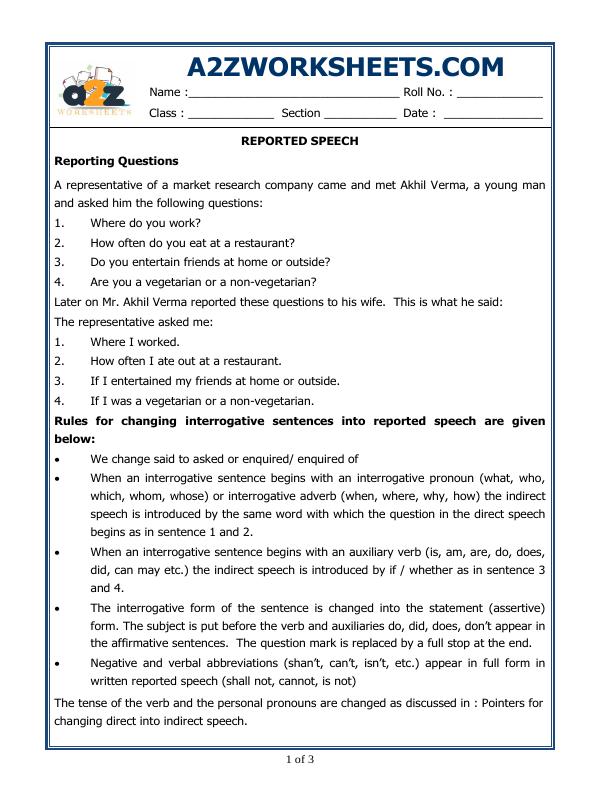 A2Zworksheets:Worksheet of Reported Speech-Grammar-English