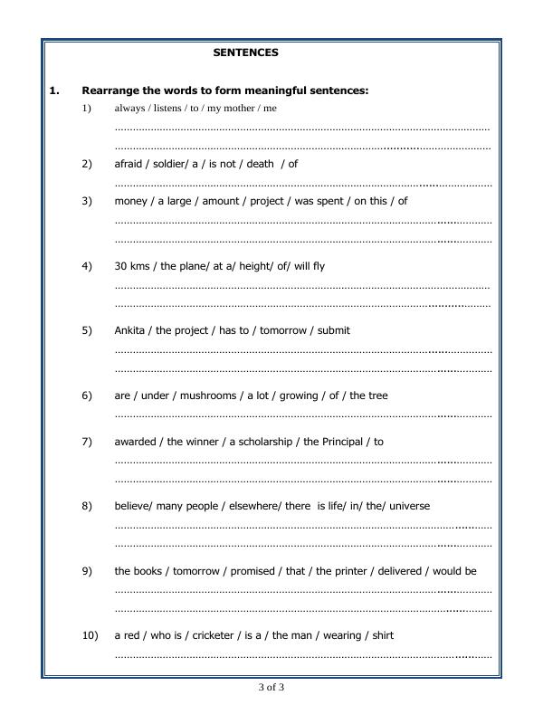 A2Zworksheets:Worksheet of Sentences-Grammar-English