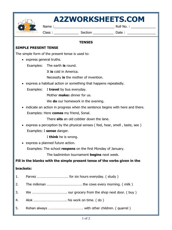 A2Zworksheets:Worksheet of Tenses-Grammar-English