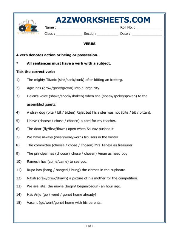 A2Zworksheets:Worksheet of Verbs-Grammar-English