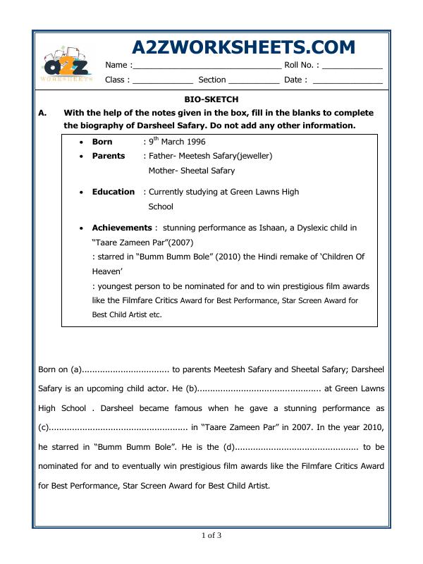 A2Zworksheets:Worksheet of Bio-Sketch-Writing-English