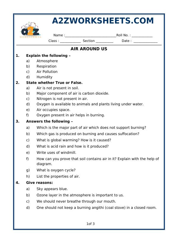 A2Zworksheets:Worksheet of Air Around Us-Basic Necessities-Science
