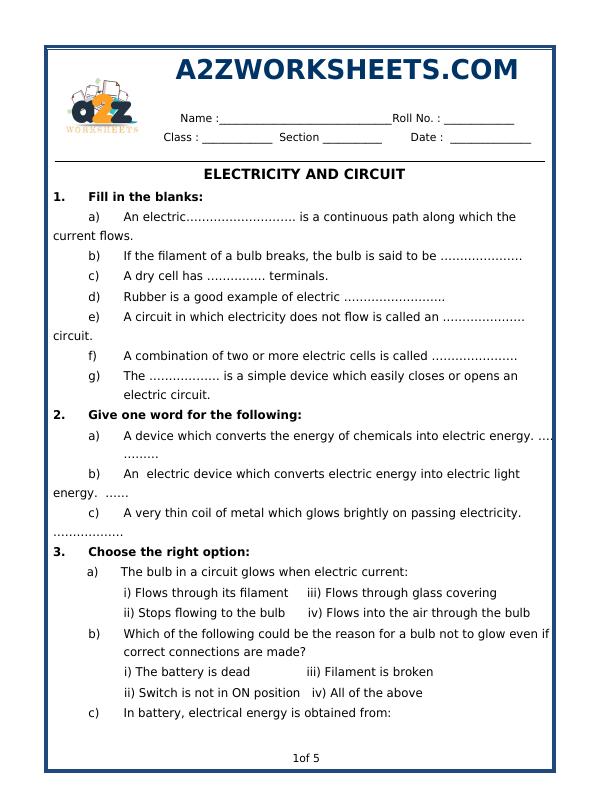 A2Zworksheets:Worksheet of Electricity And Current-Basic Necessities ...