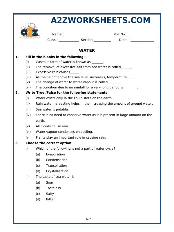 A2Zworksheets:Worksheet of Water-Basic Necessities-Science