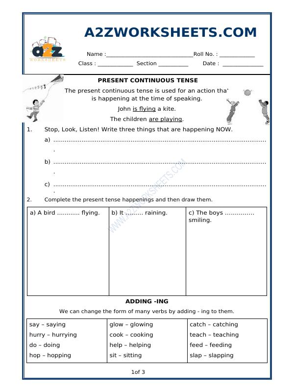 A2Zworksheets:Worksheet of Present Continuous Tense-Grammar-English