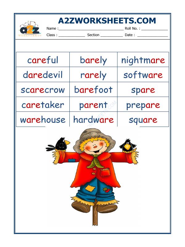 A2Zworksheets:Worksheet of English Phonics Sounds - 'Are' Sound Words ...