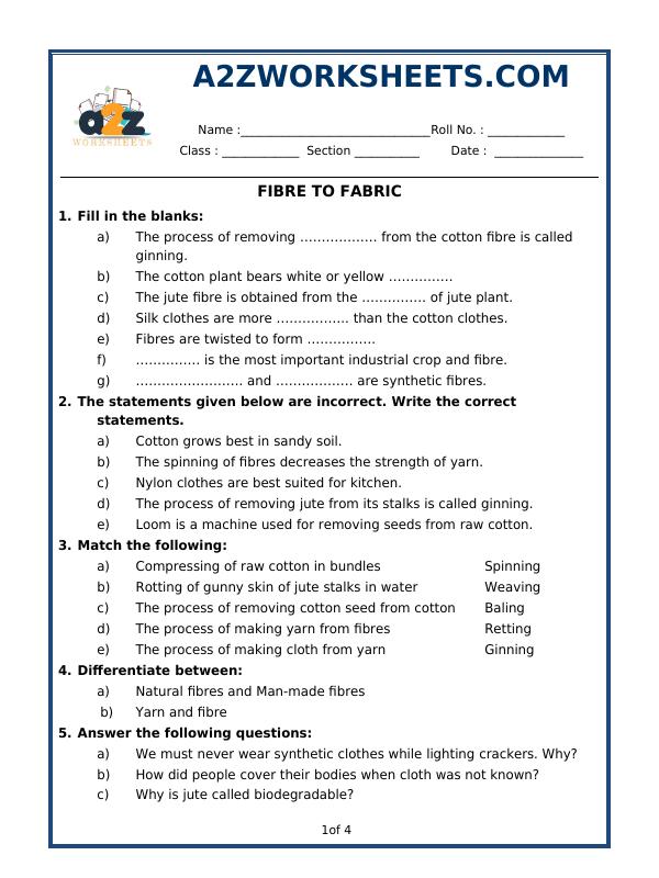 A2Zworksheets:Worksheet of Fibre To Fabric-Basic Necessities-Science