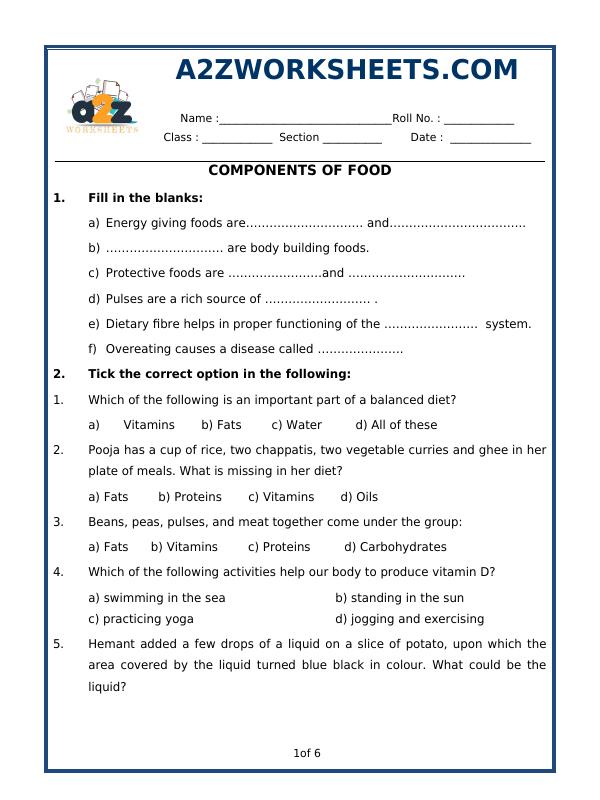A2Zworksheets:Worksheet of Components Of Food-Basic Necessities-Science