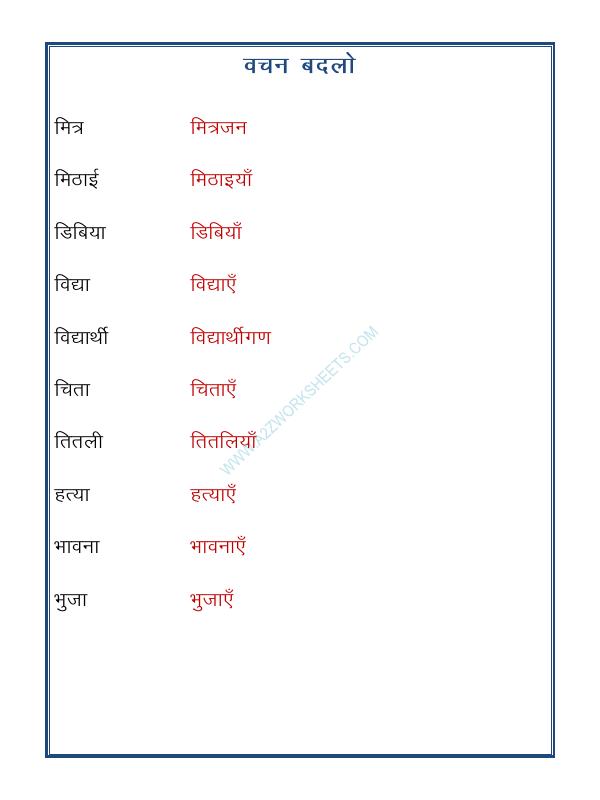 A2Zworksheets:Worksheet of Hindi Grammar- Vachan Badlo (Singular Plural ...