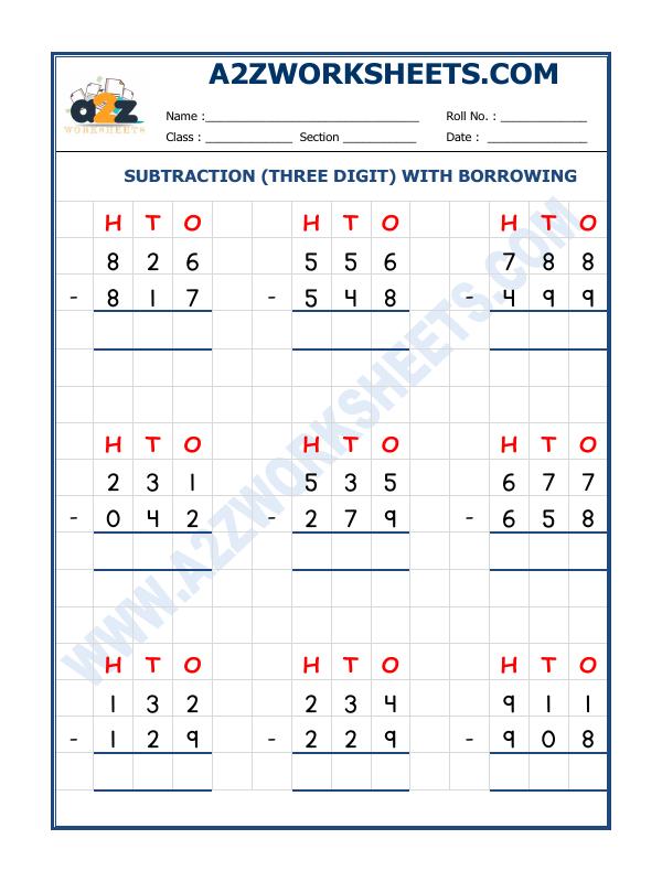 A2Zworksheets:Worksheet of Subtraction - 3 Digit Subtraction (With ...