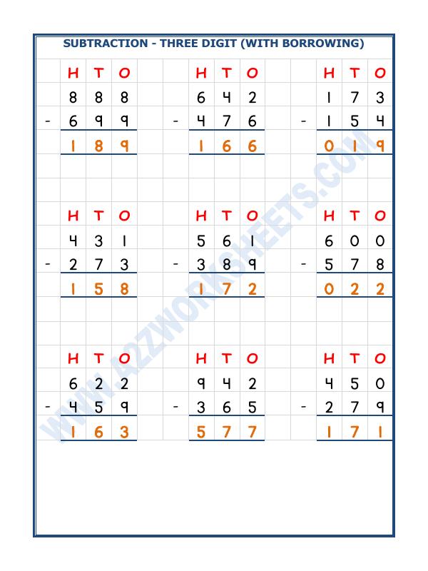 A2Zworksheets:Worksheet of Subtraction Worksheet - 3 Digit Subtraction ...