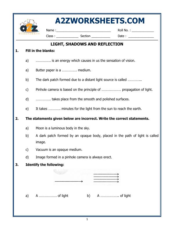 A2Zworksheets:Worksheet of Light, Shadows And Reflection-Light,Shadows And Reflection-Science