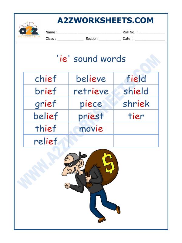 A2Zworksheets:Worksheet of English Phonics Sounds - 'Ie' Sound Words ...