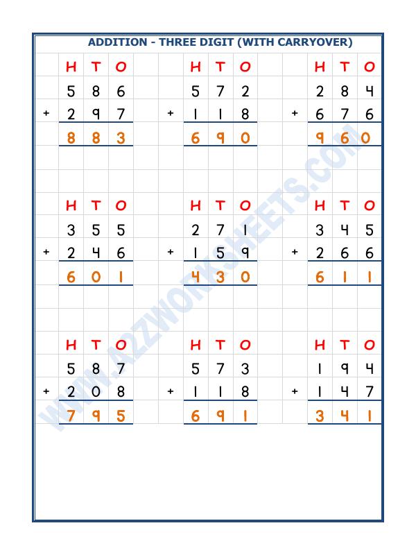 A2Zworksheets:Worksheet of Addition - 3 Digit Addition (With Carryover ...