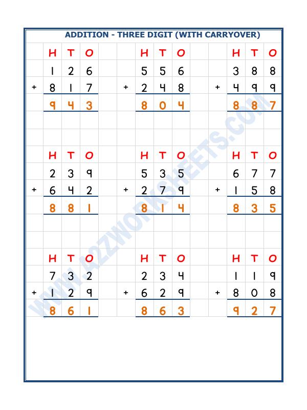 A2Zworksheets:Worksheet of Addition - 3 Digit Addition (With Carryover ...