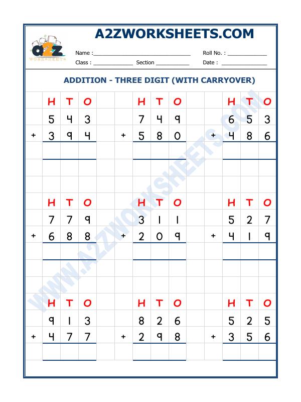 A2Zworksheets:Worksheet of Addition - 3 Digit Addition (With Carryover ...