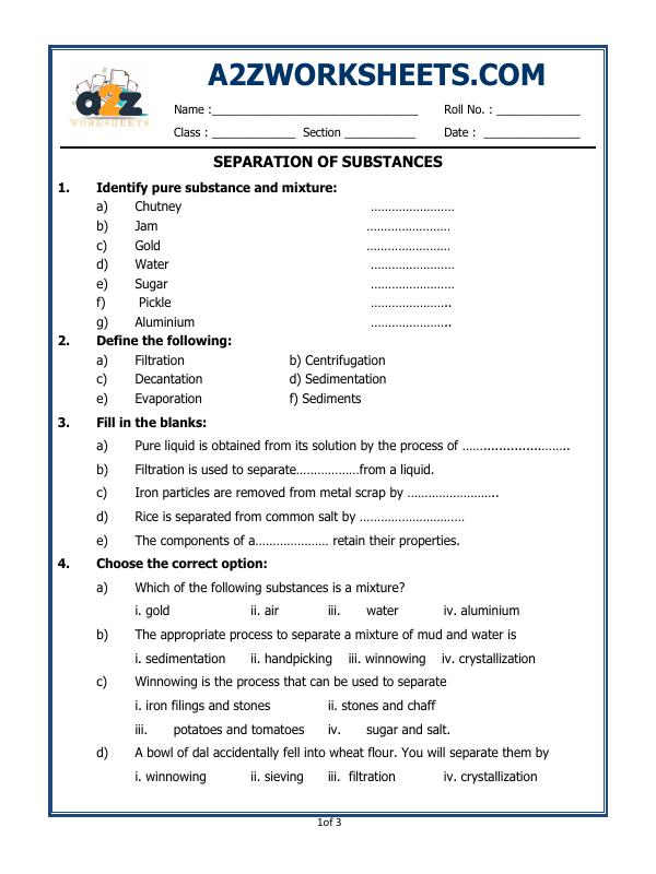 A2Zworksheets:Worksheet of Separation Of Substances-Metals and Non ...